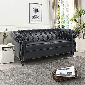 FOKWE Chesterfield Loveseat Leather, Modern Upholstered Tufted Couch 2 Seater with Rolled Arms and Nailhead for Living Room, Bedroom (Black)