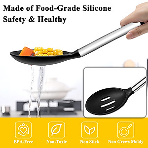 Silicone Cooking Spoons, Large Heat Resistant Silicone Pasta Slotted Spoon Solid Spoon for Nonstick Cookware, BPA Free Black Silicone Kitchen Spoons Dishwasher Safe for Cooking Mixing Serving, 3 Pack