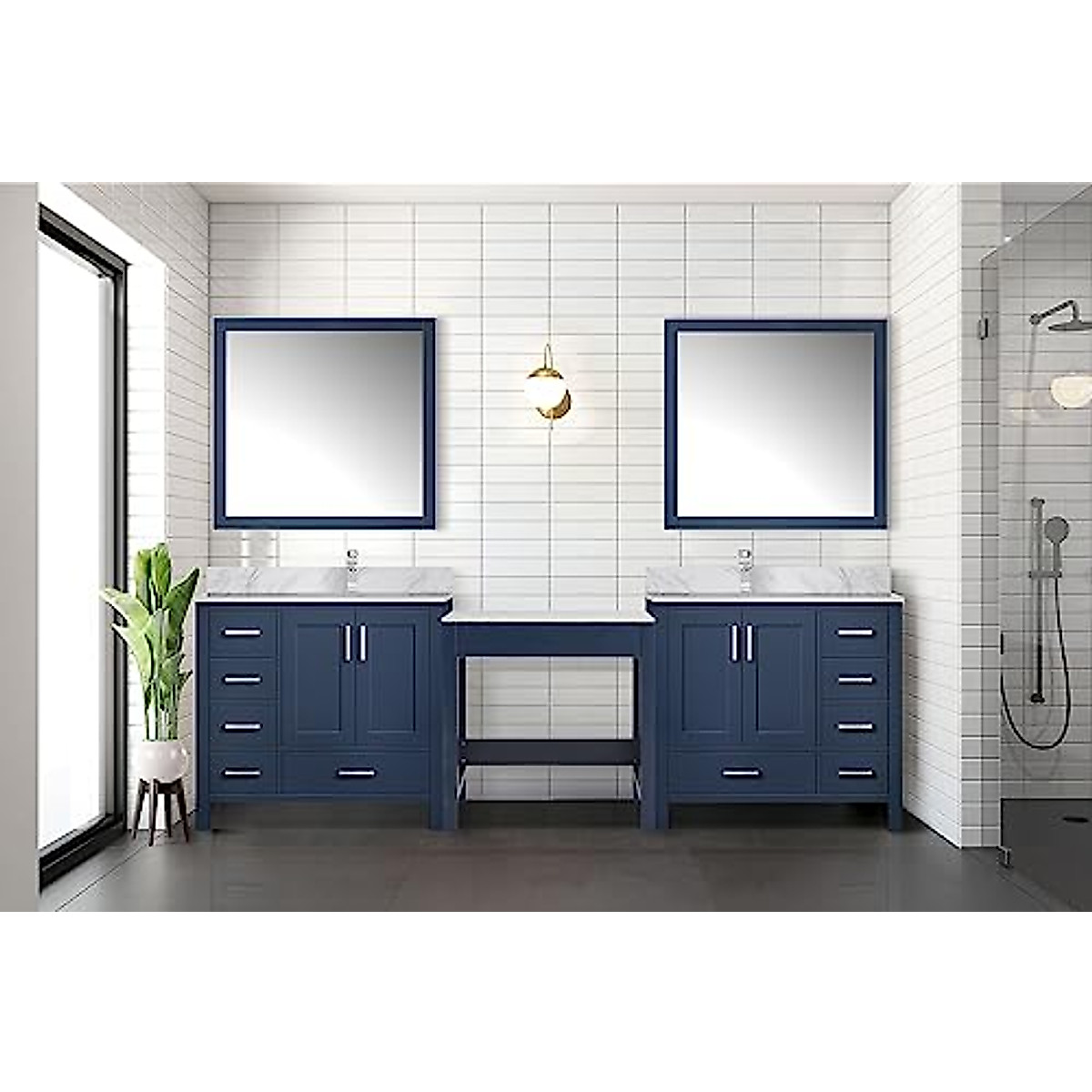 Bell+Modern Alhambra 102 in W x 22 in D Navy Blue Double Bath Vanity, Carrara Marble Top, and 34 in Mirrors