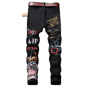 Enrica Men's Casual Color Printed Jeans Skinny Black Denim Pants (Black&Air, 34)