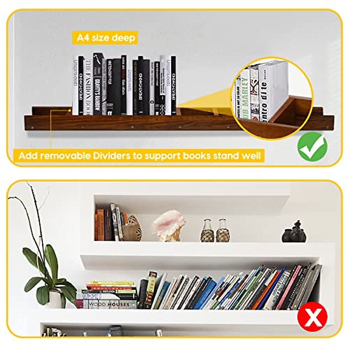 Floating Shelves Wood 36 Inches Long A4 Deep with Removable Dividers, Wall Shelves Wall Shelf, Rustic Floating Bookshelf, Wall Shelves for Bedroom, Long Picture Ledge Shelf Shelfs, Wall Bookshelf