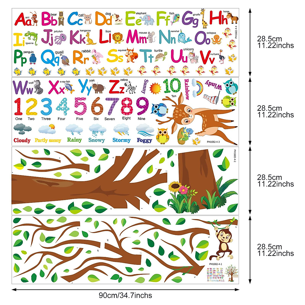 4 Sheets Number Wall Decals Numbers Learning Children Wall Decals Alphabet Wall Stickers ABC Numbers Weather Tree Wall Decals Animal Wall Decals for Kids Bedroom Classroom Playroom Wall Decor