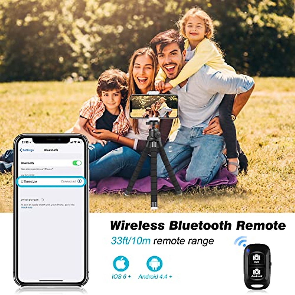 UBeesize Phone Tripod, Portable and Flexible Tripod with Wireless Remote and Clip, Cell Phone Tripod Stand for Video Recording(Black