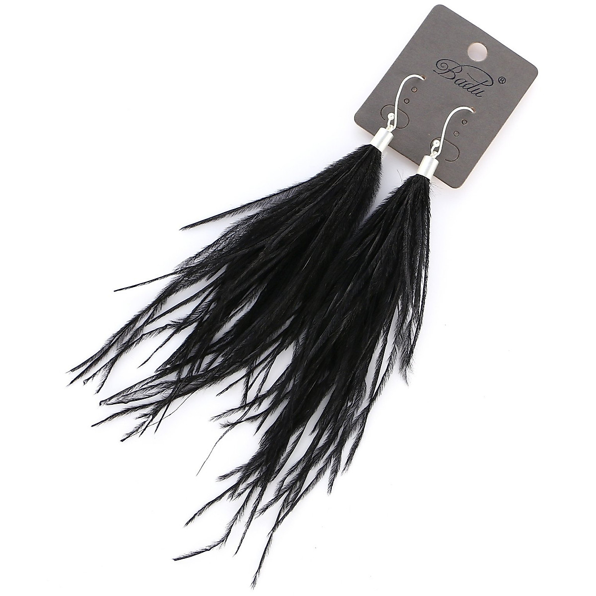 Black Feather Women Earrings Bohemian Long Drop Black Light Wedding Accessories (Black, silver-plated-base)