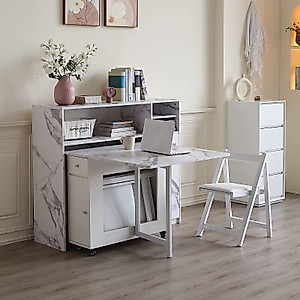 FUNROLUX Folding Dining Table and Sideboard Cabinet Set, Movable Kitchen Table and Buffet Cabinet with Storage Space for Dining Room, Living Room (White)