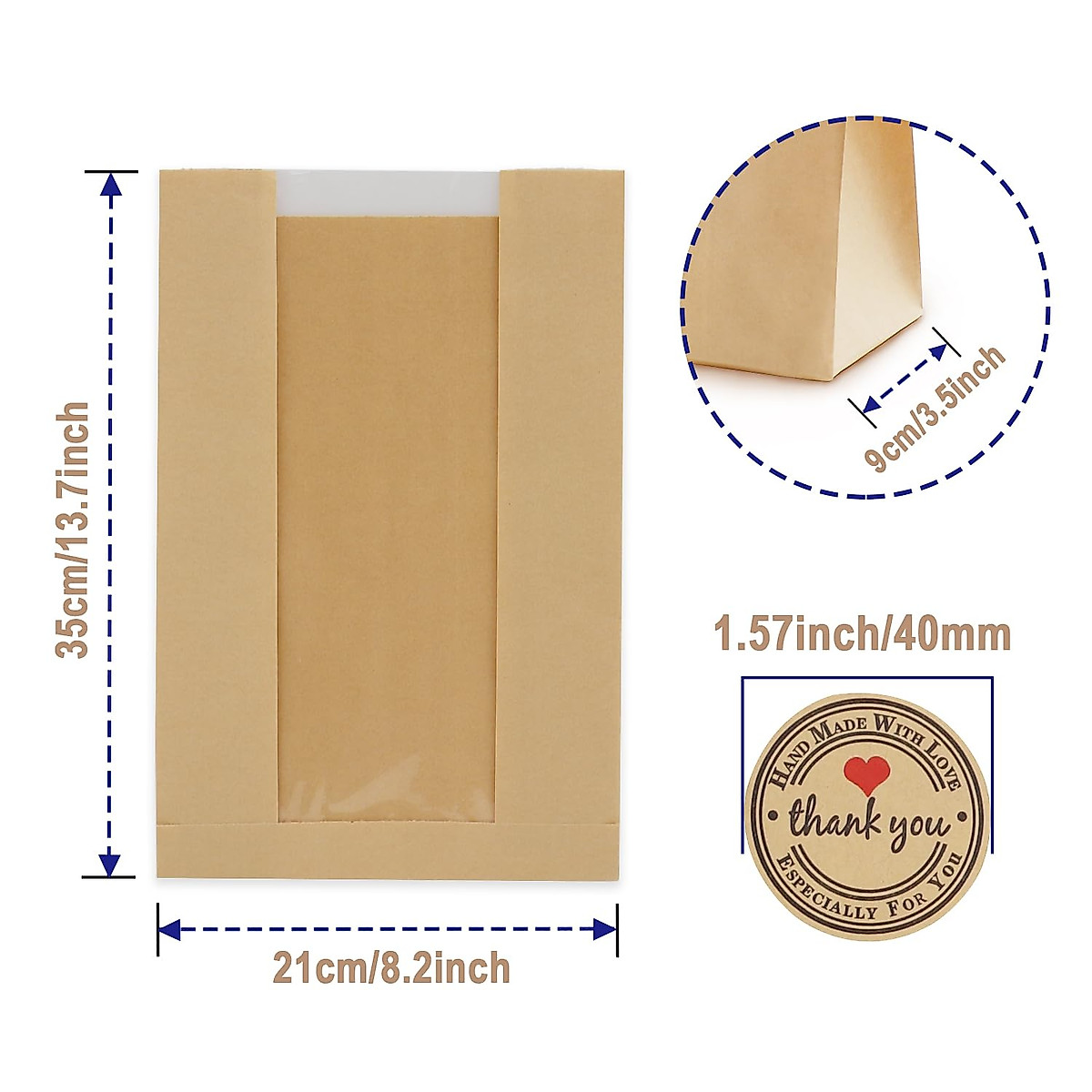 Pack of 35 Paper Bread Bags for Homemade Bread, Paper Bakery Bag for Baked Food Packaging Storage, Large Kraft Paper Bread Loaf Bag with Window Label Seal Sticker included Pack of 35,12.5x8.3x4 Inches
