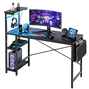 Bestier Gaming Desk with LED Lights, Computer Desk with 4 Tiers Reversible Shelves, 51.3 Inch Home Office Writing Desk with Side Storage Bag, Hooks and Height Adjustable Shelf (Black Grained)