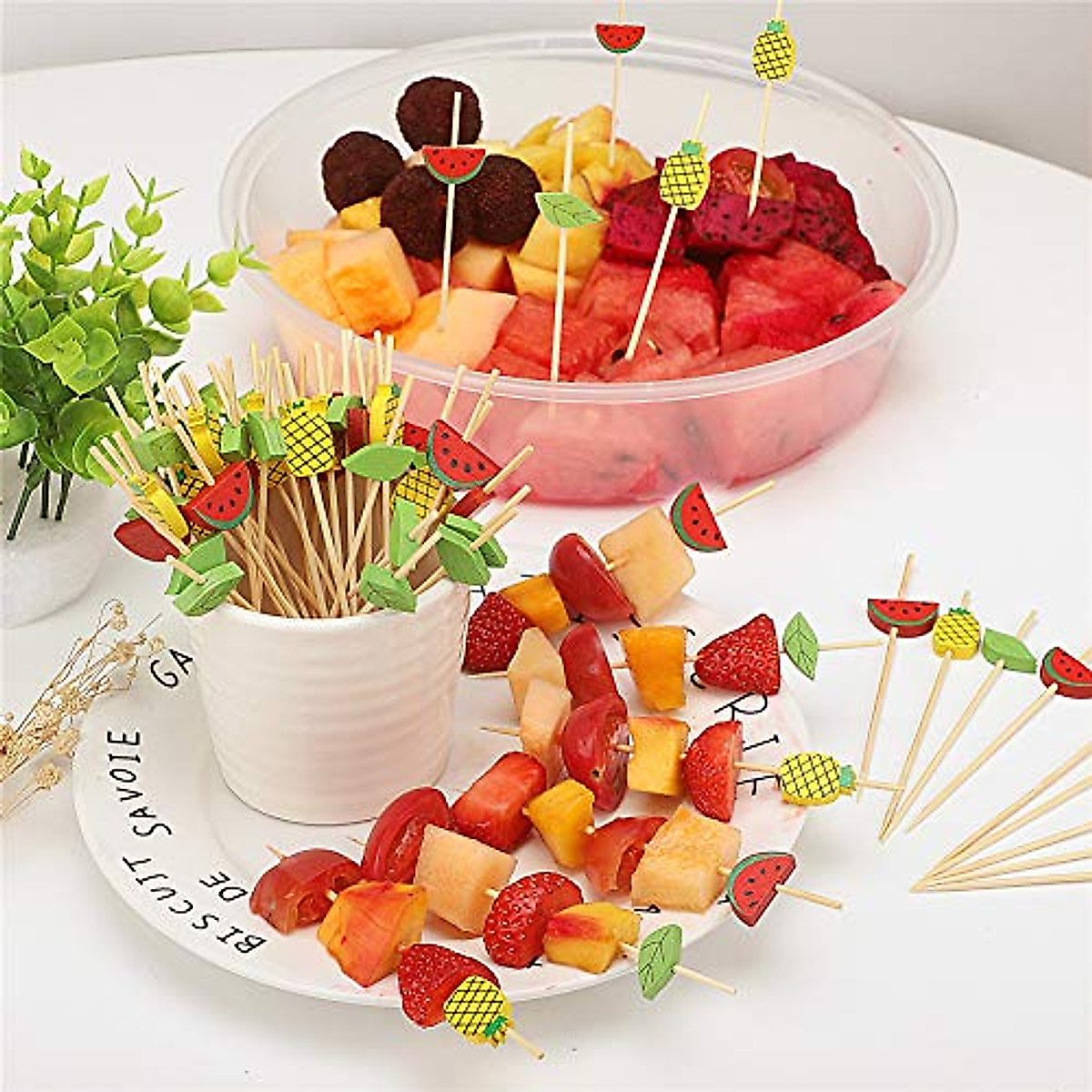 Minisland Mix-colored Fruits Watermelon Pineapple Leaf Cocktail Toothpicks 4.7 Inch Long Bamboo Skewers for Appetizers Drinks Hawaiian Party Food Picks 100 Counts- MSL115