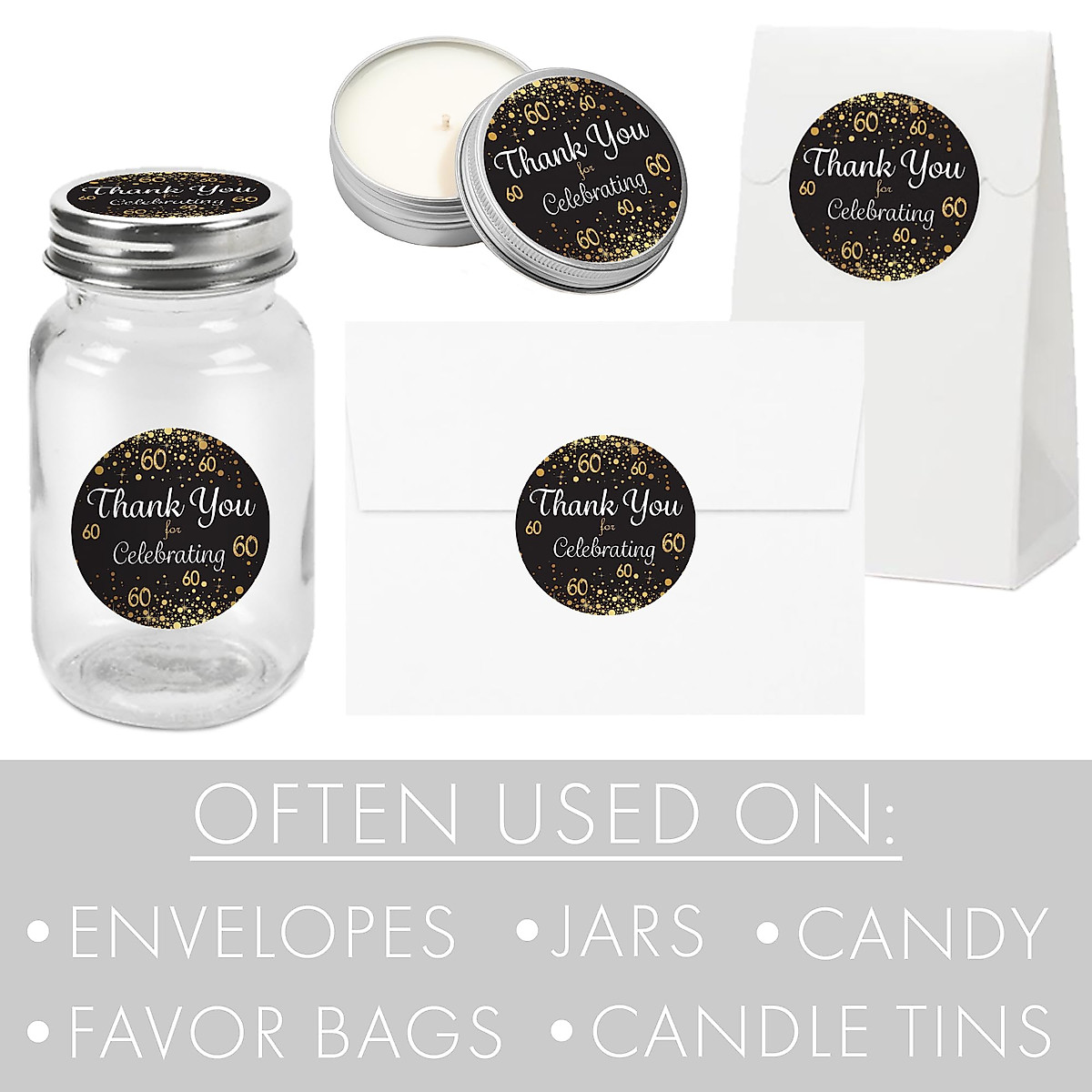 Black and Gold 60th Birthday Party Thank You Stickers - 40 Stickers