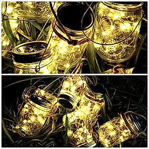 Solar Mason Jar Light Lids 10 Pack 20 LED Fairy String Light Inserts for Jars with Hangers Starry Lighting Waterproof Rust Resist for Patio Lawn Garden Wedding Lantern Decor No Jars (Warm White)