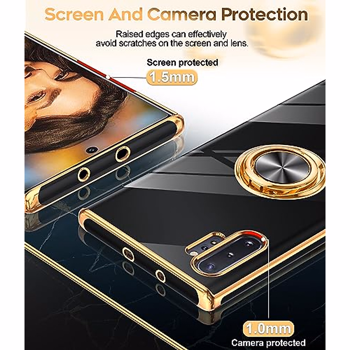 LeYi for Samsung Galaxy Note 10 Plus Case 360° Rotatable Ring Holder Magnetic Kickstand, Plating Rose Gold Edge Protective Case, Black