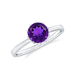 Rosec Jewels Certified Amethyst Engagement Ring, AAA Quality, Natural Purple Amethyst Solitaire Ring - Ready to Gift, 14K White Gold, Size:US 8.00