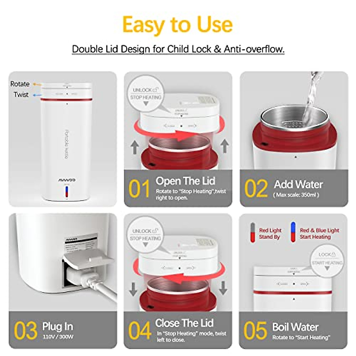 AVWOO Travel Electric Kettle, Portable Electric Kettle, Water Boiler for Travel, Small Electric Kettle Stainless Steel with Boil Dry Protection, Keep Warm, BPA Free, Child Lock - Larger Capacity