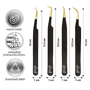 SIVOTE Fiber Tip Lash Tweezers for Eyelash Extensions with Diamond Grip, Black, Set of 4 - Precise Tips Japanese Steel for Classic, Volume & Mega Volume Lashes, Anti-Rust - Ideal for Lash Artists