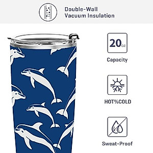 sanluoli Dolphin Silhouettes Blue and White Stainless Steel cups with lids reusable with Straw Lid leak proof coffee travel mug for outdoor portable Vacuum Insulated Tumbler 20 OZ
