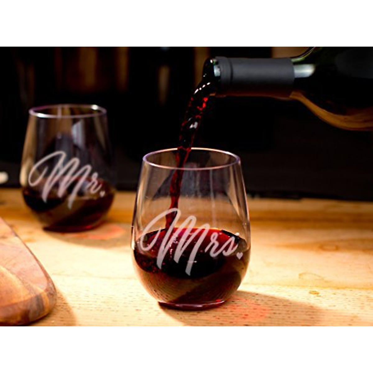 GSM Brands Mr and Mrs Stemless Wine Glasses for Bride and Groom Wedding Celebration (Set of 2), Made of Unbreakable Tritan Plastic and Dishwasher Safe - 16 Ounces