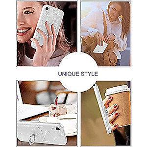 ZIYE Designed for iPhone XR Case with Card Holder for Women Girls Shell Pattern TPU Protective Phone Bumper ID Card Wallet Pocket with Screen Protector Ring Holder White