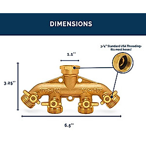 Morvat Heavy Duty Brass 4 Way Splitter, Garden Hose Manifold Connector with Comfort Grip ON/OFF Valves, Adapter for Water Faucet & Spigot, Includes 8 Extra Washers, Roll of Teflon Tape & Mounting Kit