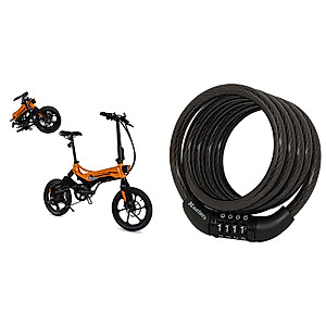 Swagtron Swagcycle EB-7 Elite Plus Folding Electric Bike with Removable Battery, Orange/Black, 16" Wheels, 7-Speed & Master Lock 8143D Bike Lock Cable with Combination
