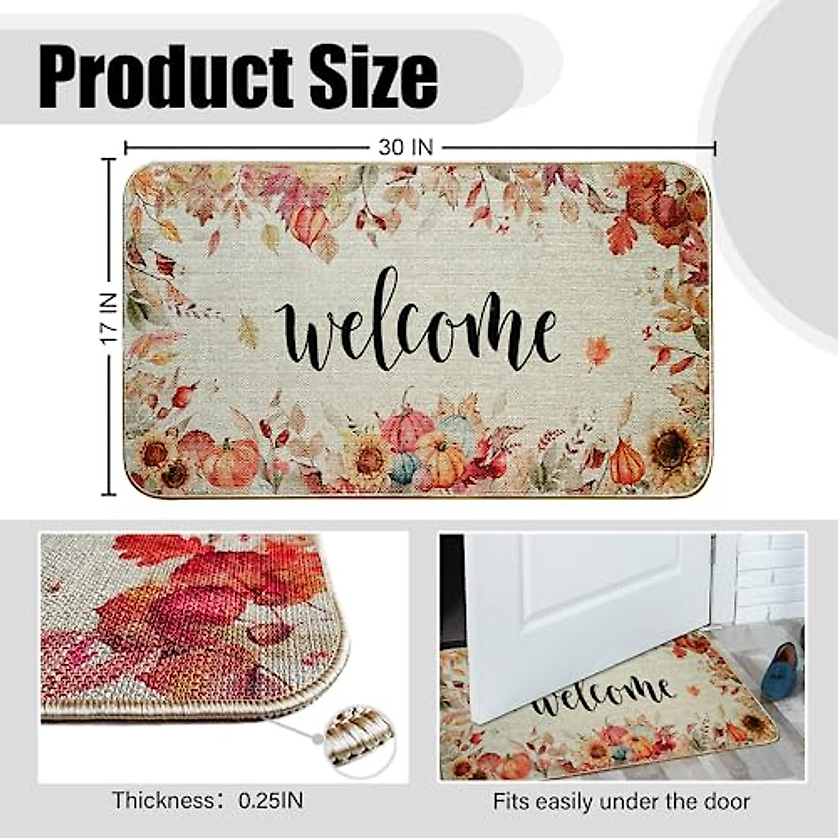 Voanos Fall Welcome Door Mat，Autumn Maple Leafs Pumpkins Theme Outdoor Entrance Doormat Non-Slip Rubber Matt for Indoor Fall Decor 17 x 30 Inch