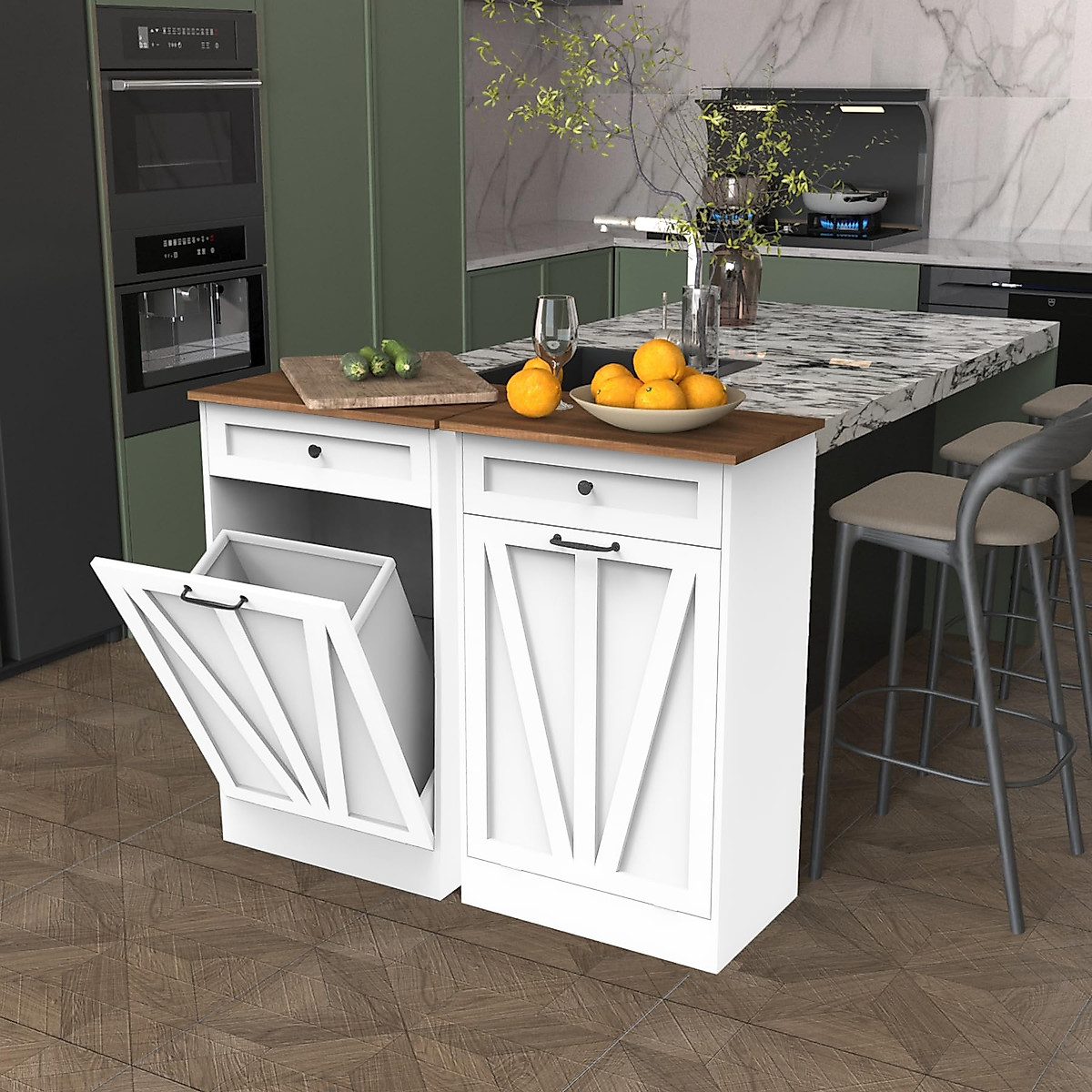 Kitchen Trash Can 10 Gallon, Tilt Out Waste Bin Cabinet with Storage Drawers, Hidden Trash Can Cabinet, Garbage Can Cabinet, Recycling Storage Cabinet for Kitchen, Dining Room, Laundry, Bathroom White