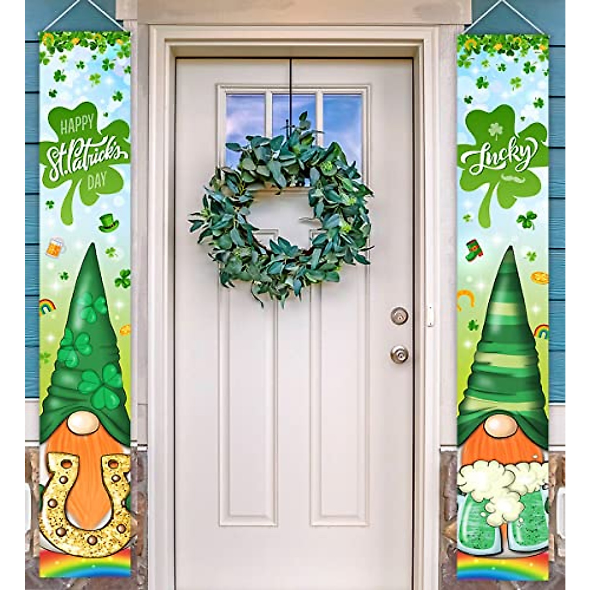 St. Patrick's Day Door Banner-Shamrock Gnomes Porch Signs Irish Happy St. Patrick's Day Party Supplies Green Gnomes Lucky Banner for St. Patrick's Day Outdoor Decorations