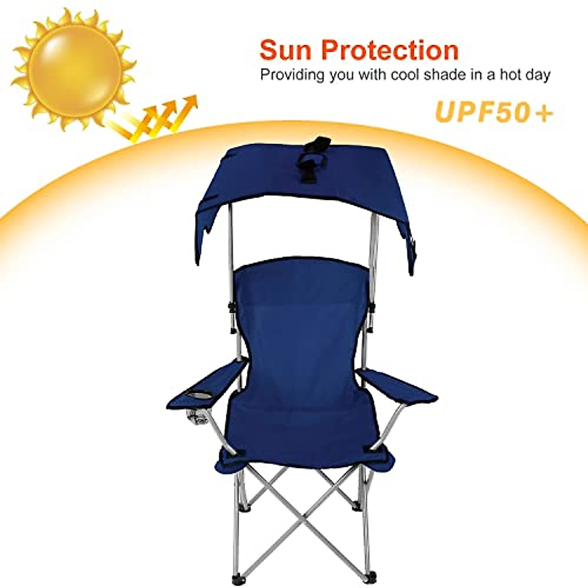 TeqHome Camping Chair with Canopy, Outdoor Folding Lounge Chair with Adjustable UPF 50+ Sun Shade & Cup Holder, Portable Camping Recliner for Camp Beach Outdoor Sports, 350LB Max Support - U.S Spot