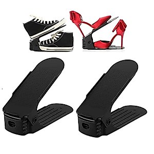 NK-STORE's Shoe Slots Organizer Space Saver Double Deck Shoe Rack Adjustable Shoe Slots for Closet Organization (Black, Pack of 2)