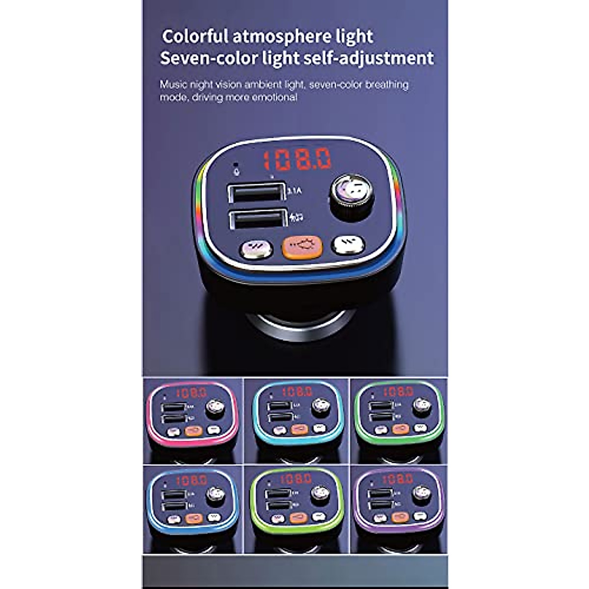 OHITEC Bluetooth5.0 FM Transmitter for Car,Bluetooth Car Adapter with Dual USB Charging Car Charger MP3 Player Support TF Card & USB Disk, 7 Colors Led Backlit Light, Hands Free Calling (C20)