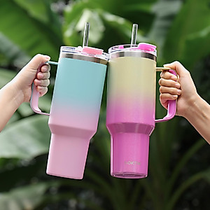 COKTIK 40 oz Tumbler With Handle and Straw Lid, 2-in-1 Lid (Straw/Flip), Vacuum Insulated Travel Mug Stainless Steel Tumbler for Hot and Cold Beverages,Easy to Clean (Bubble Gum)