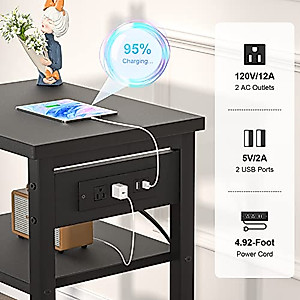 Aheaplus 3 Tier Slim End/ Side Table Set of 2 with Charging Station, Storage Shelf, Narrow Bedside Nightstand with USB Ports & Outlets for Sofa, Bedroom, Living Room, Black