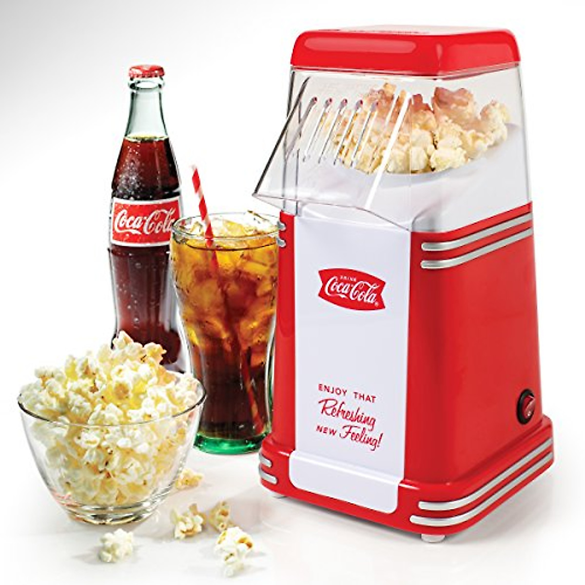 Coca-Cola Hot-Air Electric Popcorn Maker, 8 Cups, Healthy Oil Free Popcorn with Measuring Scoop, Coke Red & White