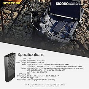 Nitecore NB20000 Power Bank, 20000mAh 45W Fast Charging QC PD Compatible with iPhone, Samsung Galaxy and Tablets with Lumentac USB Charging Cable