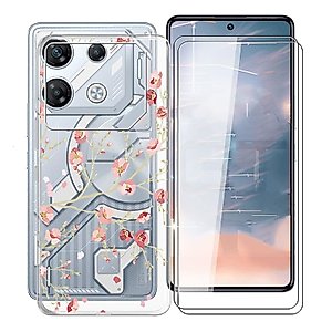 KJYFOANI for Infinix GT 10 Pro Case with 2 x Tempered Glass Screen Protector, Transparent Shockproof Solf Silicone Protection Case for Infinix GT 10 Pro, Case for Women Men, (6.67") - Flower