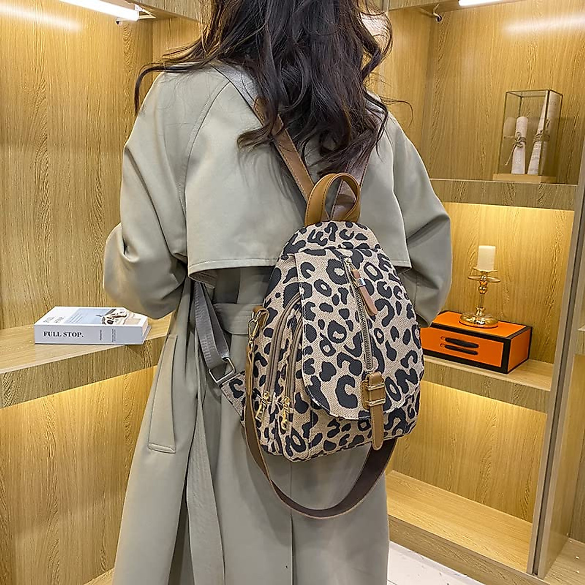 KKRAUS Leopard Print Backpack for Women Pu Leather Cheetah Print Shoulder Daypack Leopard Satchel Backpack with Handle Multipurpose (Single Zipper)