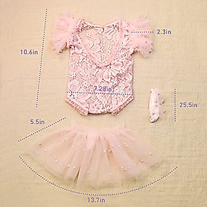 KHC-KHF 3pcs Lace Newborn Photography Prop Baby Girl Tutu Skirt Cute Bow Headdress And Pearl Lace Rompers Infant Princess Costume