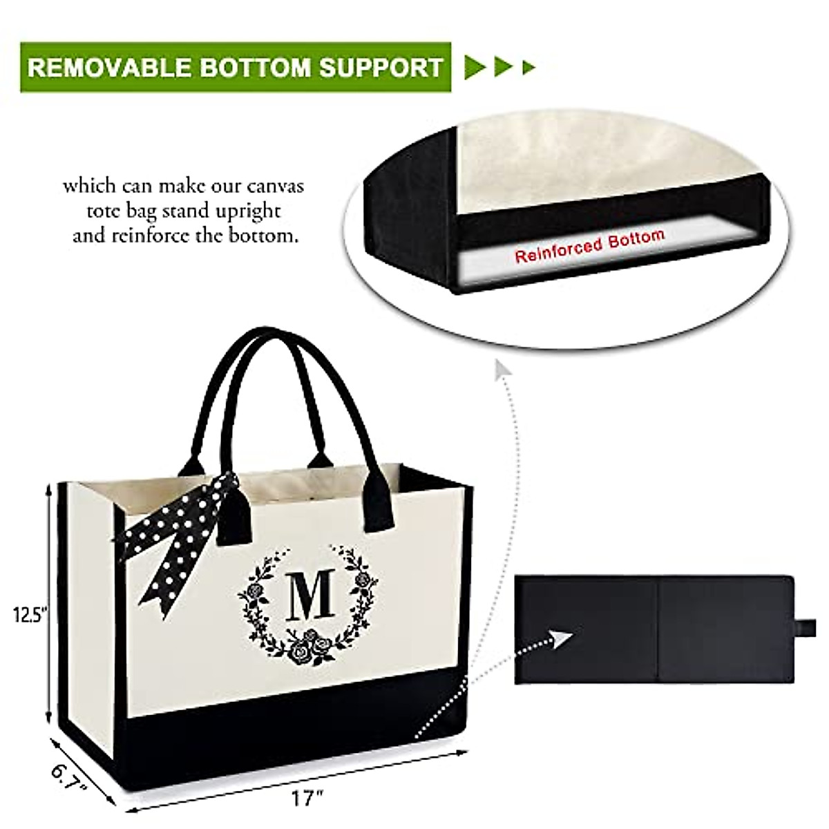 BeeGreen Monogram Tote Bag for Women w Bottom Support Personalized Tote Bag for Women w Embroidery Initial Tote Bag for Women 13oz Canvas Teacher Appreciation Gifts Beach Tote Bag for Women Mom H