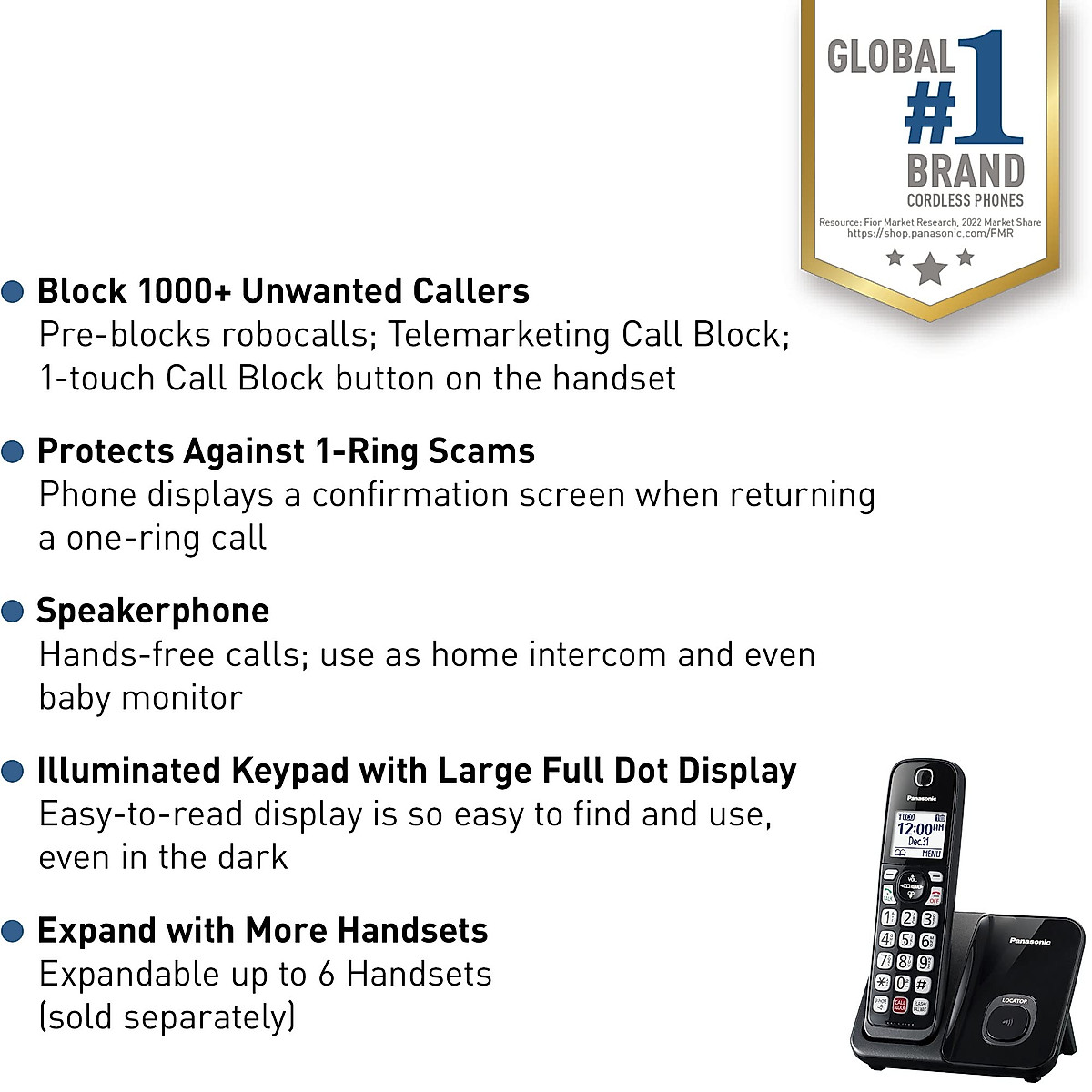 Panasonic Cordless Phone with Advanced Call Block, Bilingual Caller ID and Easy to Read Large High-Contrast Display, Expandable System with 1 Handset - KX-TGD810B (Black)