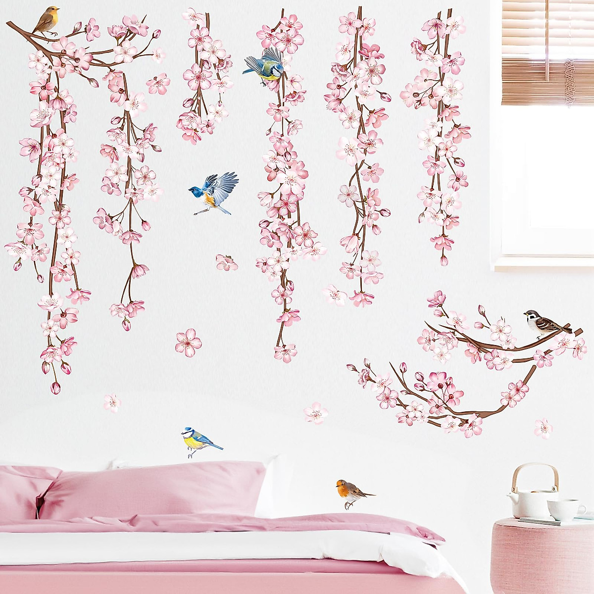 decalmile Cherry Blossom Flower Vine Wall Decals Hanging Floral Tree Branch Birds Wall Stickers Living Room Bedroom Office Wall Decor