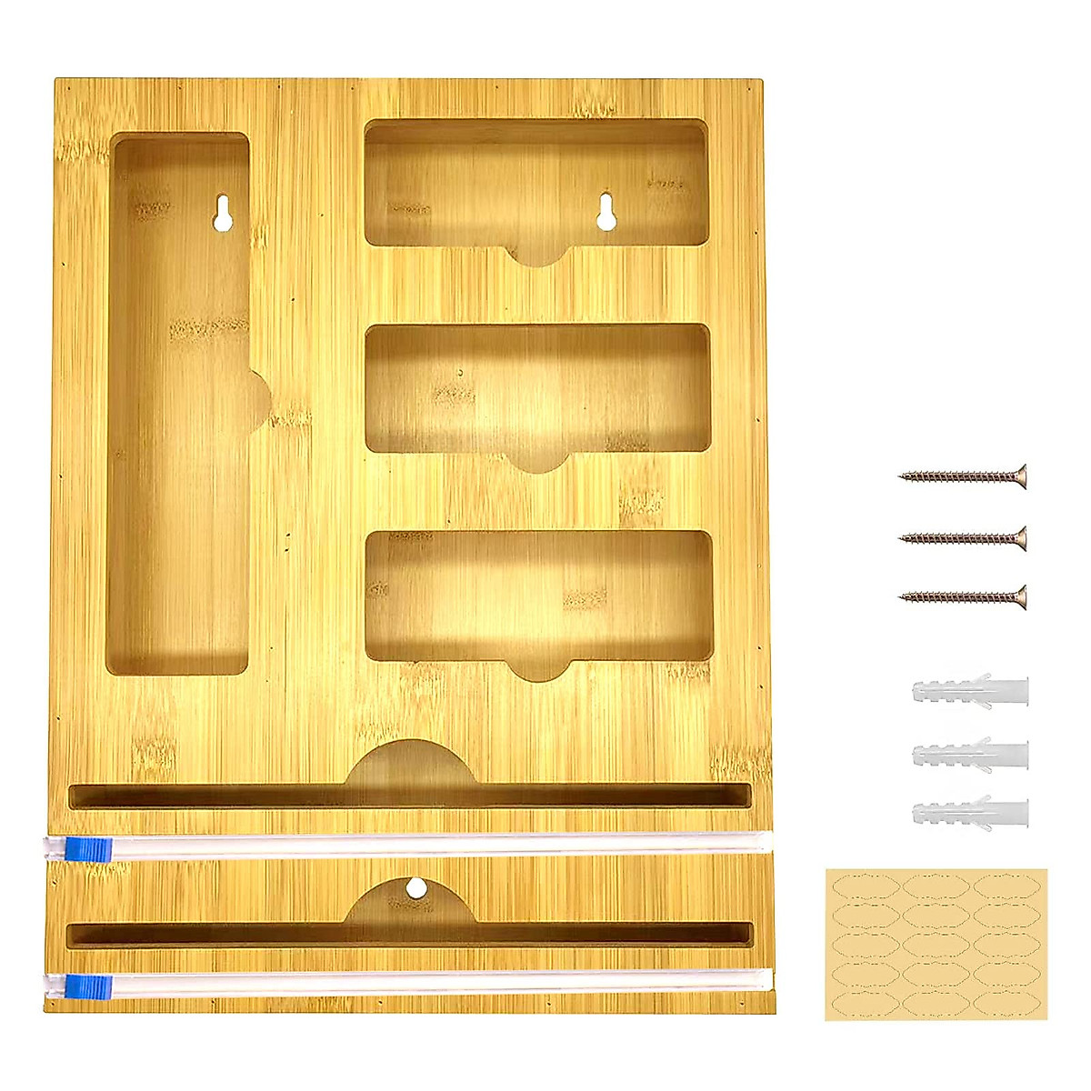 LQQBOX Bamboo Ziplock Bag Storage Organize, 6 in 1 Bamboo Wrap Dispenser Compatible with 12" Parchment Paper Roll Cutter for Gallon, Quart, Sandwich Bags, Roll etc