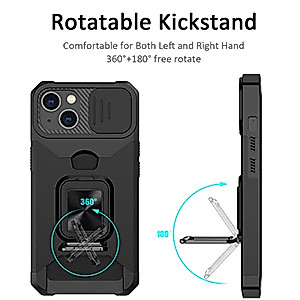 Nvollnoe for iPhone 13 Case with Sliding Camera Cover and Card Holder Heavy Duty Protective iPhone 13 Case with Ring Magnetic Kickstand Phone Case for iPhone 13 6.1 inch(Black)
