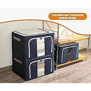 Furnhome Clothes Storage Organizer Bins Containers , Foldable Stackable Storage Bins-Oxford Cloth Steel Frame Storage Box for Clothing Storage with Foldable Clear Window & Reinforced Handles (Navy Dots, 66L, 3PCS)…