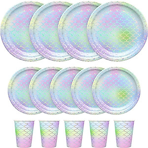 Tiblue Mermaid Party Supplies - 200PCS Disposable Paper Dinnerware Set with Litthe Mermaid Dinner Plates Dessert Plates Cups Napkins for Girl Birthday Baby Shower Ocean Theme Summer Graduation Party