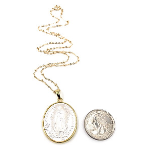 LESLIE BOULES Mother of Pearl Guadalupe Medal Pendant Necklace for Women 18K Gold Plated Chain