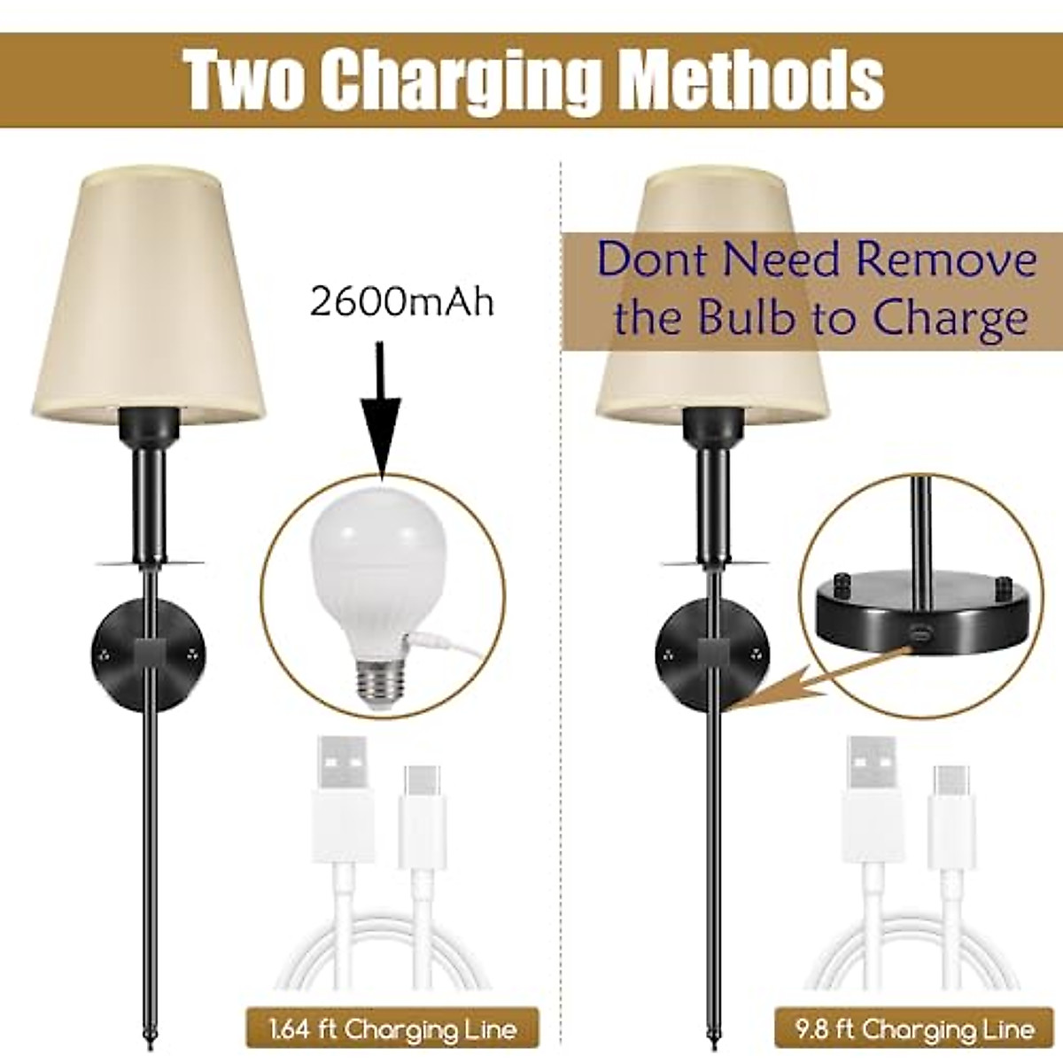 LAMPYLIFE Battery Operated Wall Sconce Set of 2 Two, Wireless Wall Sconces with Remote and Dimmable Detachable Bulbs, Rechargeable Battery Sconces Wall Decor for Bedroom Living Room Hallway (Black)