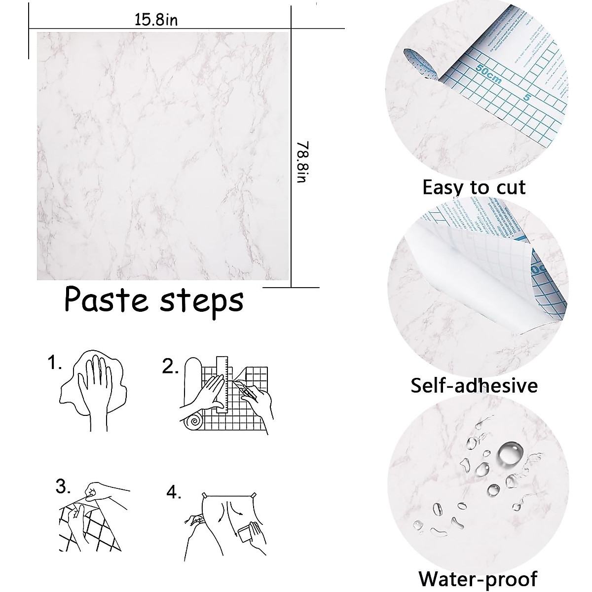 White/Gray Glossy Marble Contact Paper Wallpaper 15.8"x78.7" Peel and Stick Wallpaper Self Adhesive Thick Removable Waterproof DIY Vinyl Film for Kitchen Countertops Cabinet Furniture Refurbishment