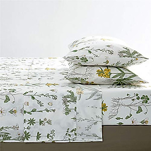Wake In Cloud - Botanical Sheet Set, Yellow Flowers and Green Leaves Floral Garden Pattern Printed on White, Soft Microfiber Bedding (4pcs, Queen Size)
