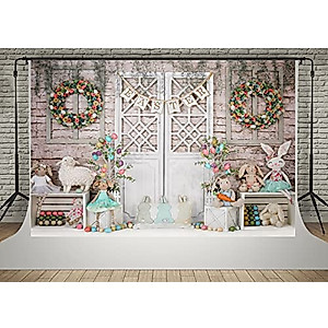 Kate 7x5ft Spring Happy Easter Day Photography Backdrops Colorful Eggs Cute Rabbit Toy Photographic Background Retro Gray Wall White Door Baby Shower Newborn Shooting Backdrop