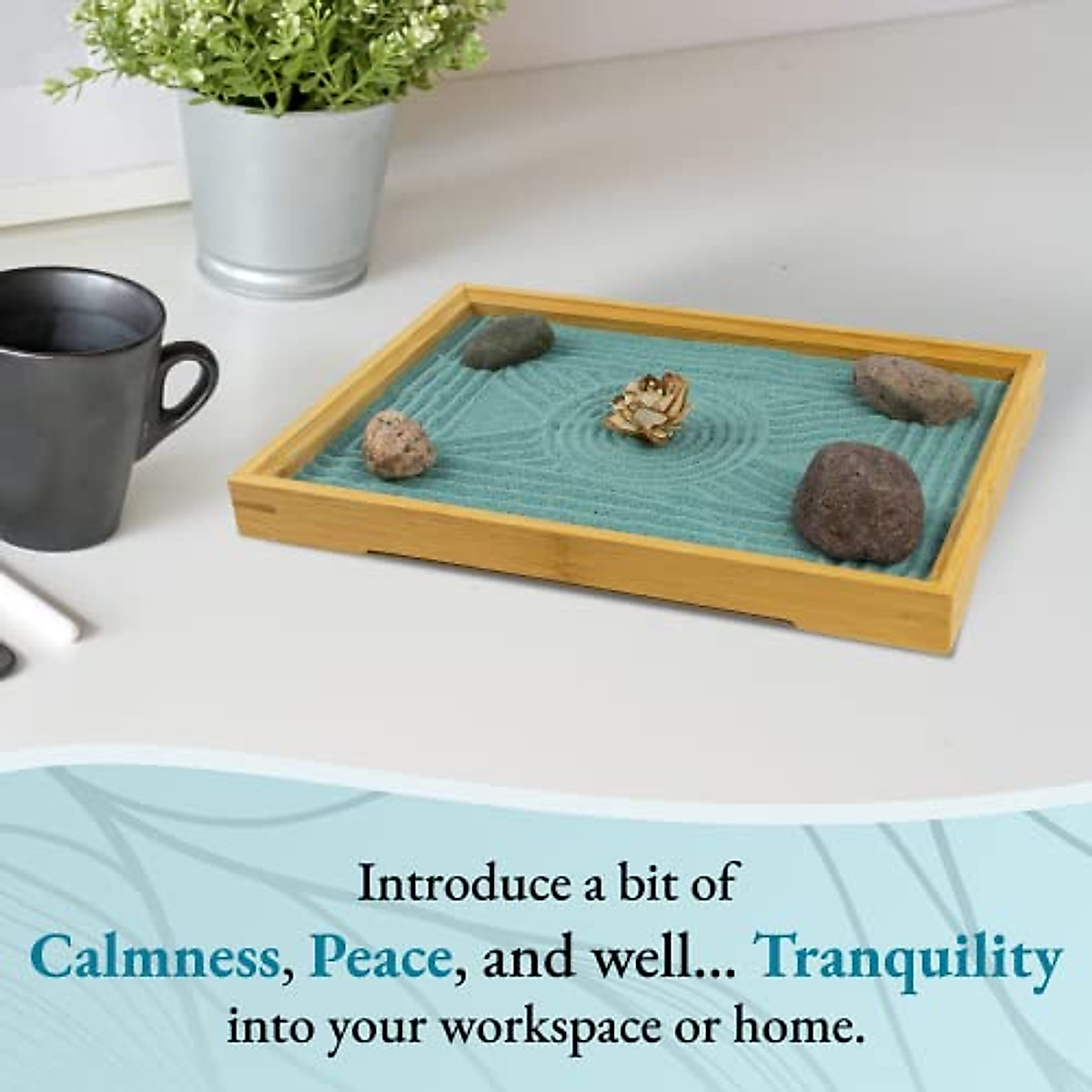Desktop Tranquility Large Japanese Zen Garden Kit for Home or Office Desk | Office Decor Zen Garden Kit Improves Meditation | Includes Sand Tray, Bamboo Tools, Rocks, and Wooden Flower | 11" x 7.5"