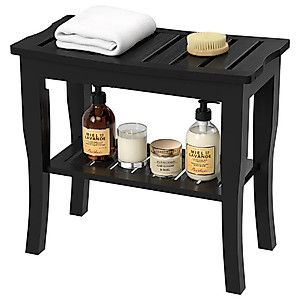 Domax Bamboo Shower Benches for Inside Shower - Bathroom Bench Seat Waterproof Wooden Shower Stool with Storage Shelf for Adults Elderly Seniors Wood Shower Chair for Bathtub or Small Spaces, Black